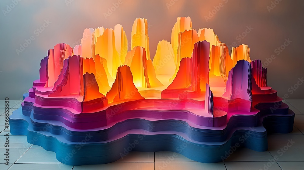 A vibrant 3D papercraft tree map, colorful paper rectangles of ...