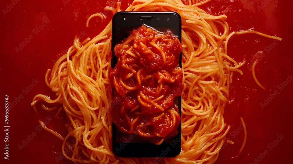 Top view, a smartphone covered in overflowing spaghetti, sauce dripping ...