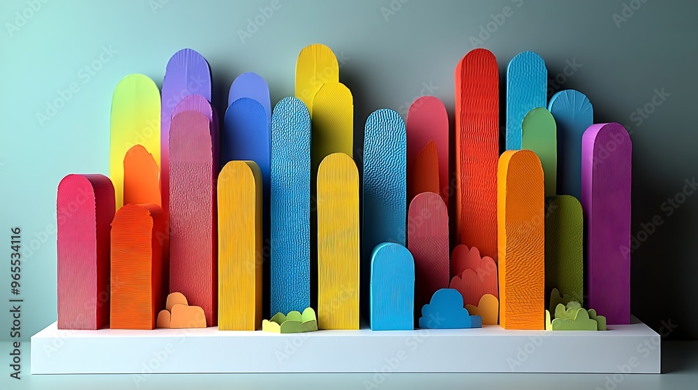 Vibrant 3D papercraft bar chart, multicolored bars with embossed ...