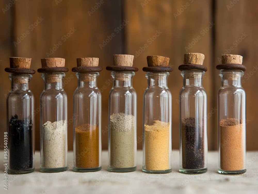 Colorful Collection of Seven Glass Vials Filled with Various Spices and ...