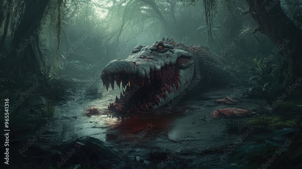 A horrifying zombie crocodile with rotting scales and a gaping maw ...