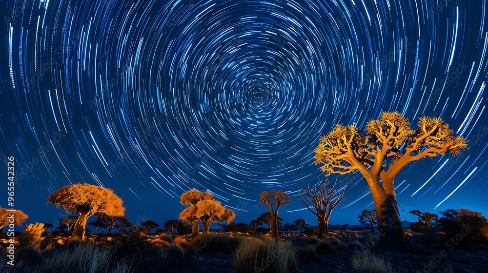 A surreal scene of a quiver tree forest under a starry night sky in ...