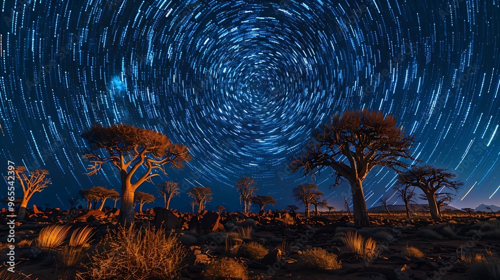 A surreal scene of a quiver tree forest under a starry night sky in ...