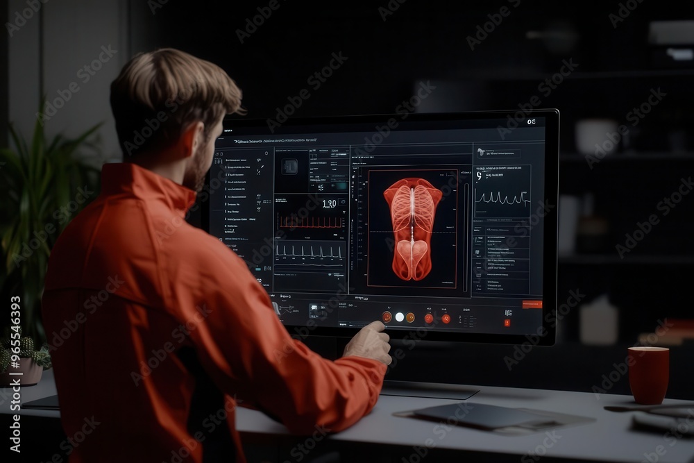 Holographic medical interface displaying a 3D scan of a patient's body ...