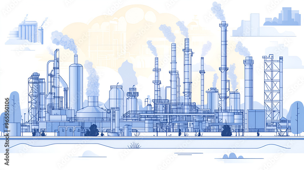 Line drawing depicting an industrial landscape featuring an oil ...
