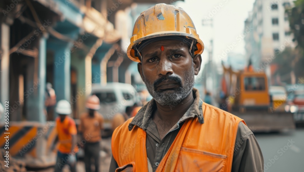 Indian construction worker wearing an orange vest and helmet, standing ...