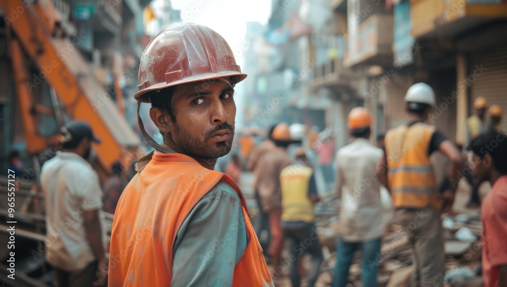 Indian construction worker wearing an orange vest and helmet, standing ...