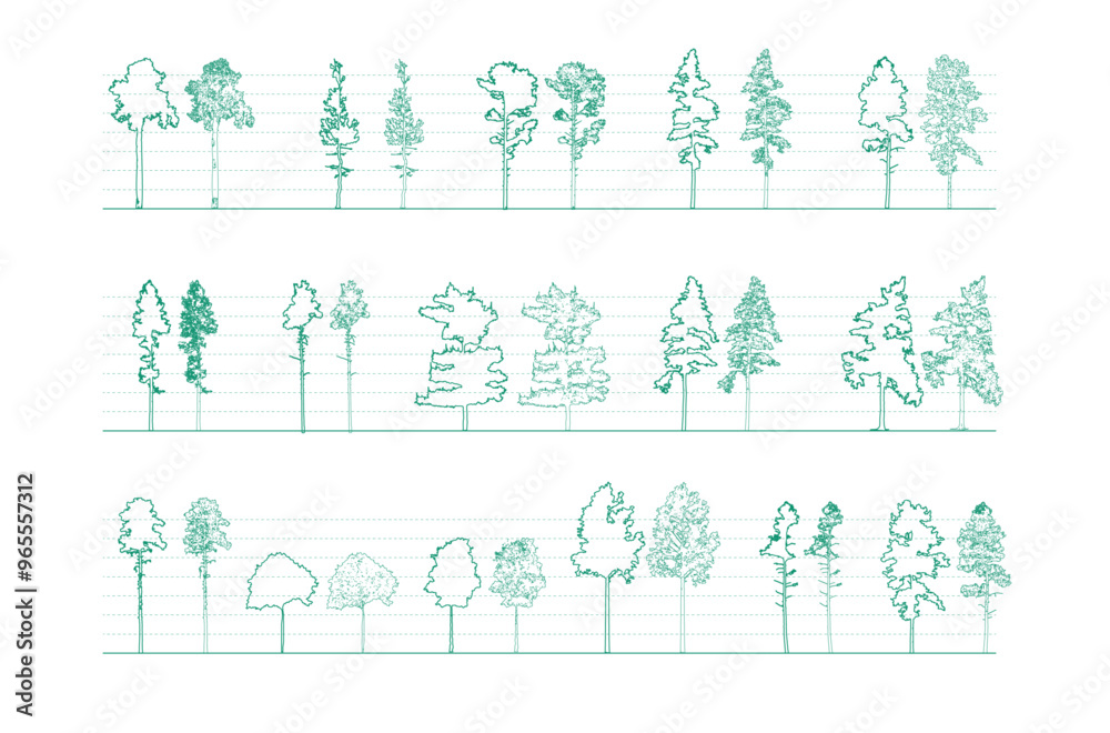 Minimal style cad tree line drawing, Side view, set of graphics trees ...