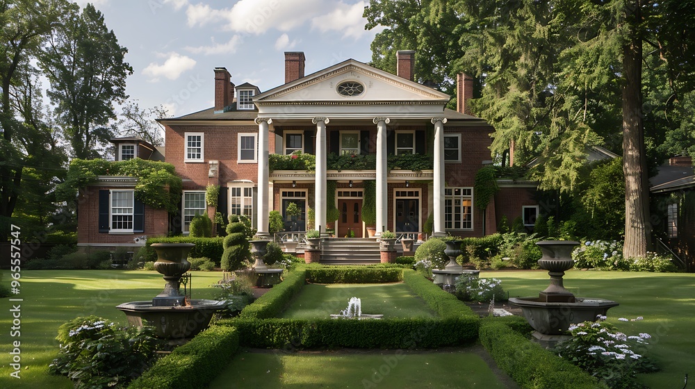 Grand mansion with a classic design, boasting a lush garden with ...