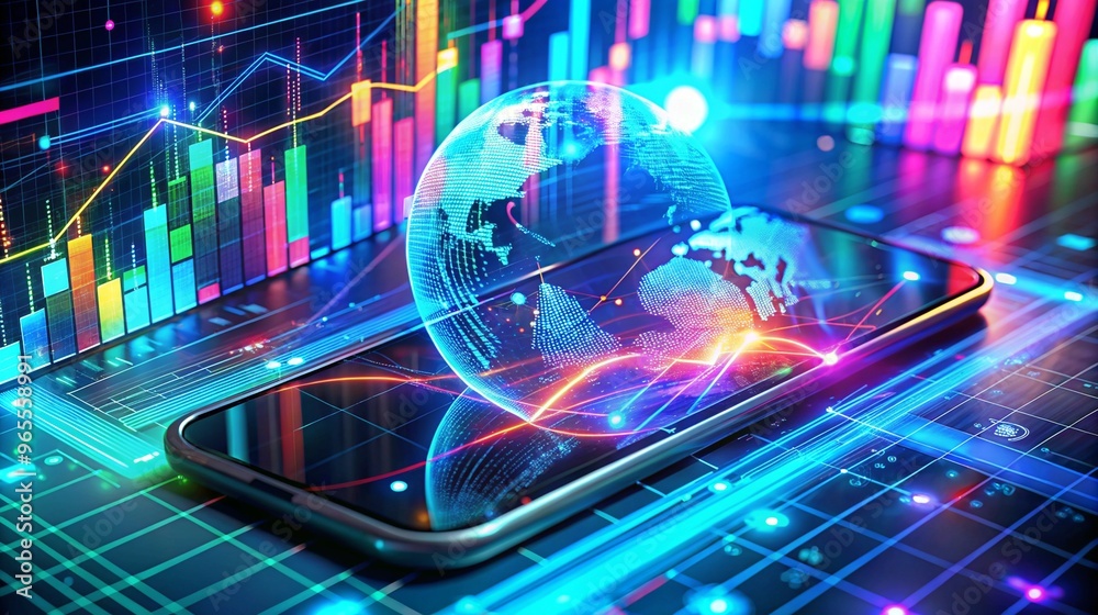 Bright and colorful digital rendering showcasing global data transfer ...