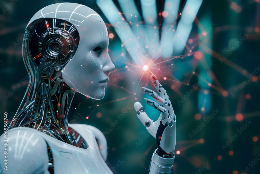 AI humanoid robot raising its hand with s spark at the end of its ...