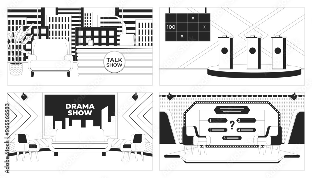 Entertainment TV shows studio setups black and white line illustrations ...