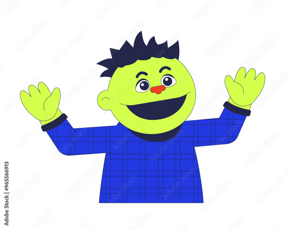 Hand puppet happy boy 2D cartoon character. Waving arms doll for glove ...