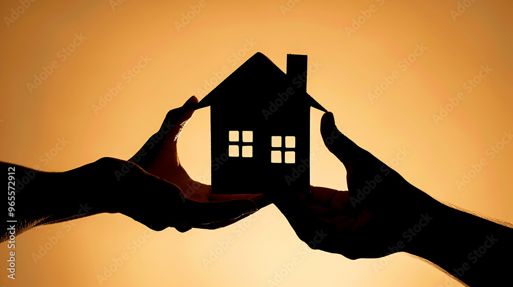 silhouette image, hands holding house, homeownership symbol, unity ...