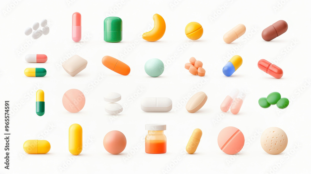 Set of multivitamin and mineral supplements in various shapes and ...