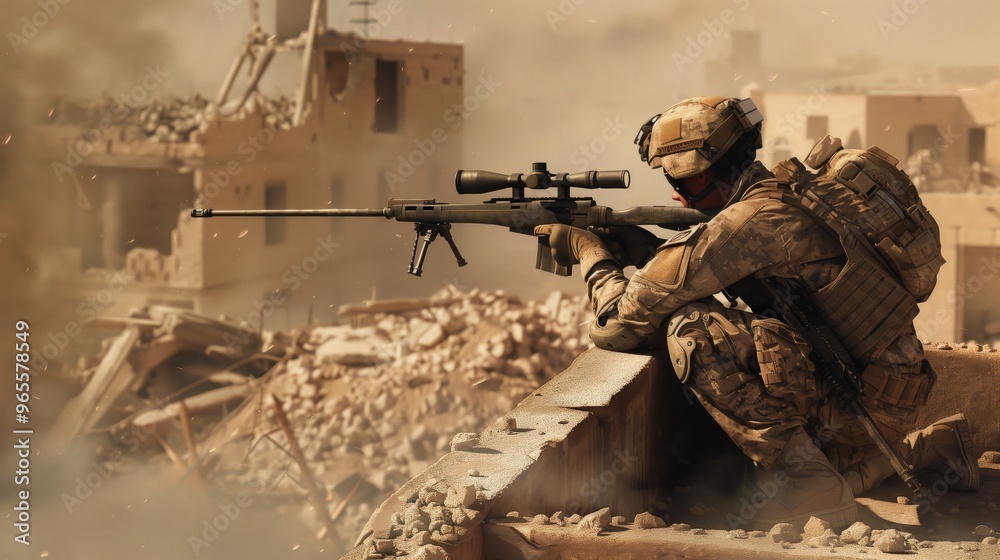 Armed Soldier Aiming Sniper Rifle Amidst War-Torn Urban Ruins. Stock ...