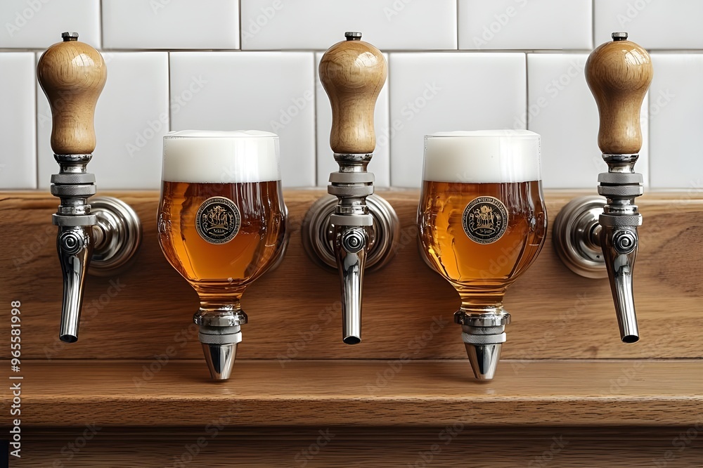 A rustic wooden bar top with four polished beer taps, each dispensing a ...