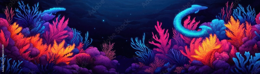 Glowing bioluminescent sea creatures in a deep ocean scene, marine ...