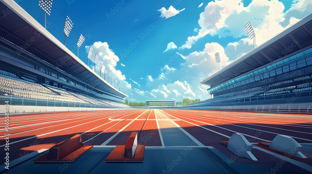 Athletics stadium with a racetrack and starting blocks, ready for a ...
