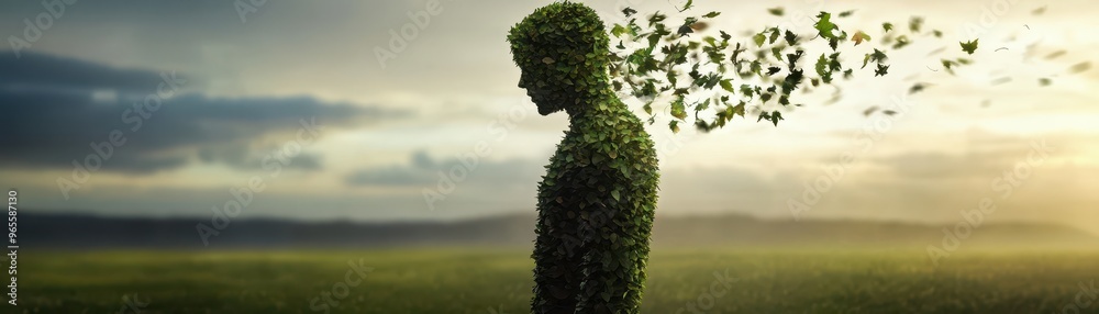 A human figure made entirely of leaves stands in serene landscape ...
