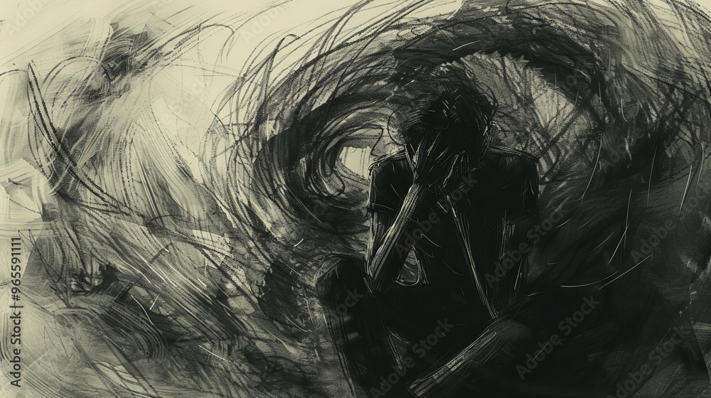 Pencil sketch of a figure trapped in a swirling vortex, symbolizing the ...