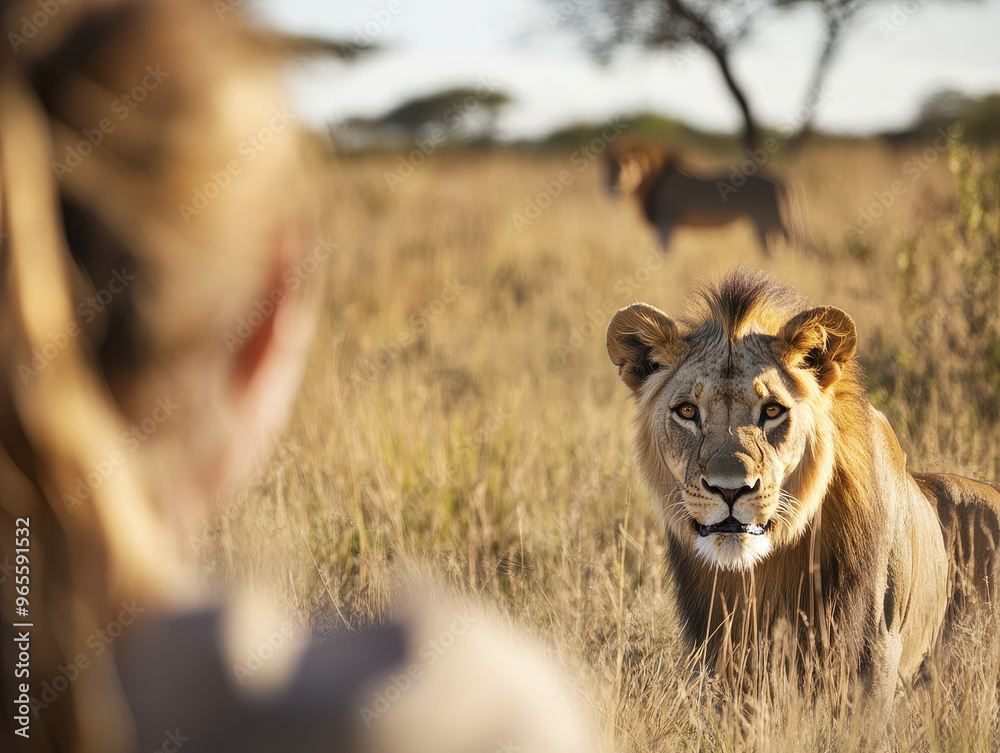 A lion gazes intently at conservationist in vast savanna landscape ...