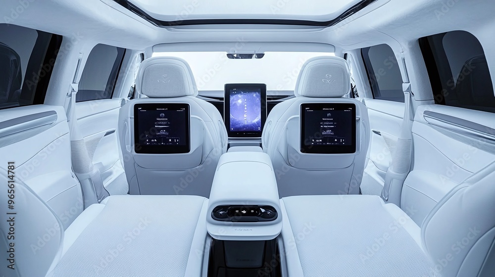 The SUV has a large rear space, three seats, all-white leather interior ...