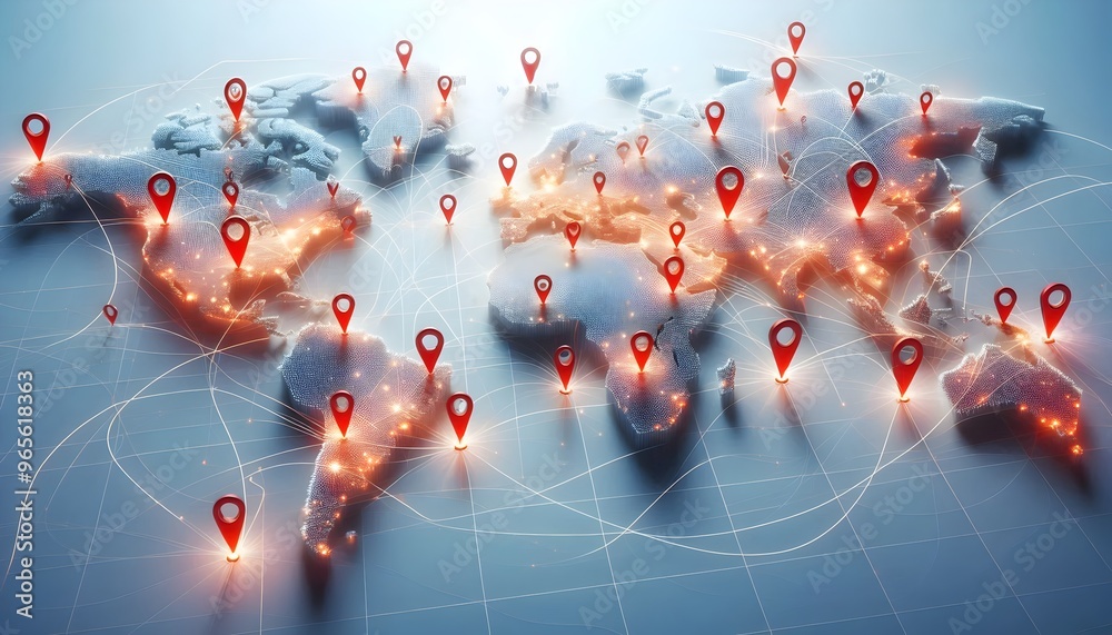 World Map Illustration with Pins and Connection Paths - Detailed Map ...