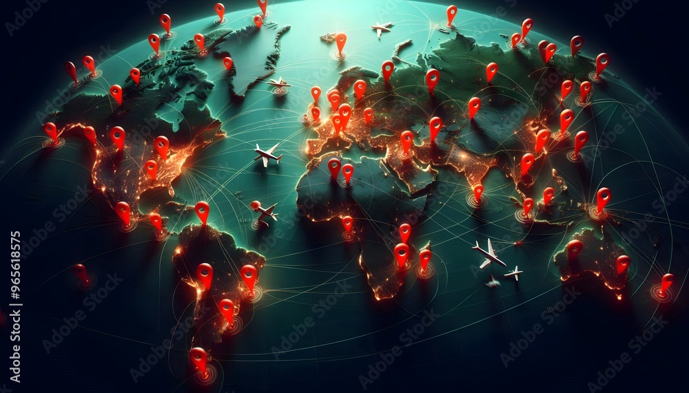 World Map Illustration with Pins and Connection Paths - Detailed Map ...