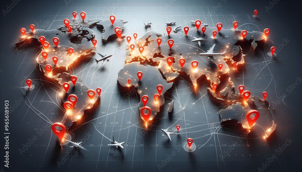 World Map Illustration with Pins and Connection Paths - Detailed Map ...