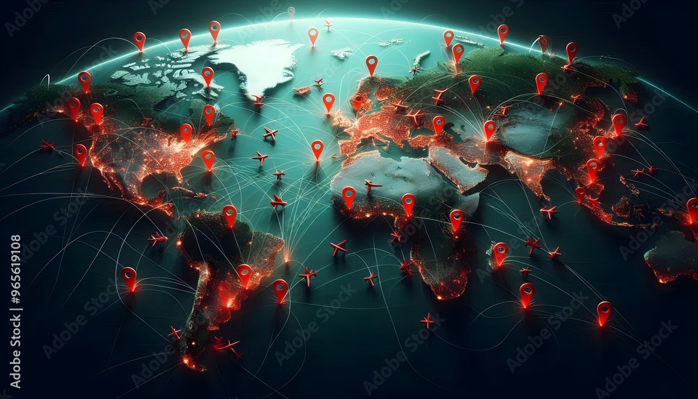 World Map Illustration with Pins and Connection Paths - Detailed Map ...