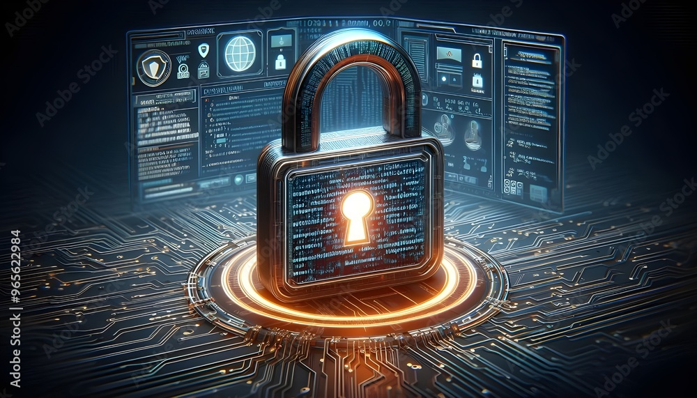 Open digital lock icon with coding text on a white background. 3D ...