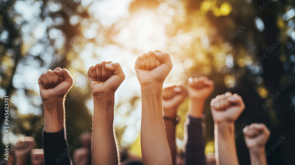 A group of diverse people stand together, their fists raised in unity ...