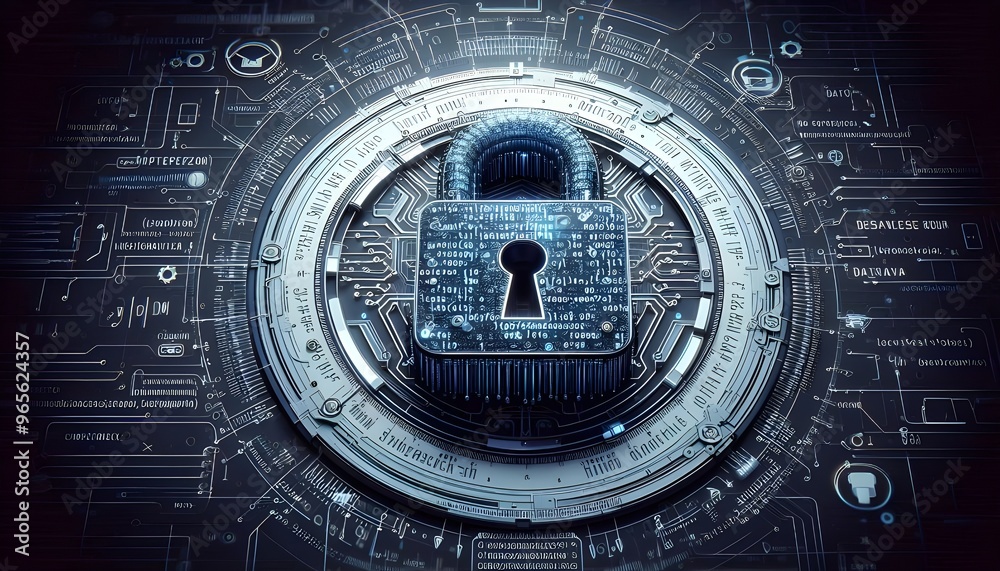 Open digital lock icon with coding text on a white background. 3D ...