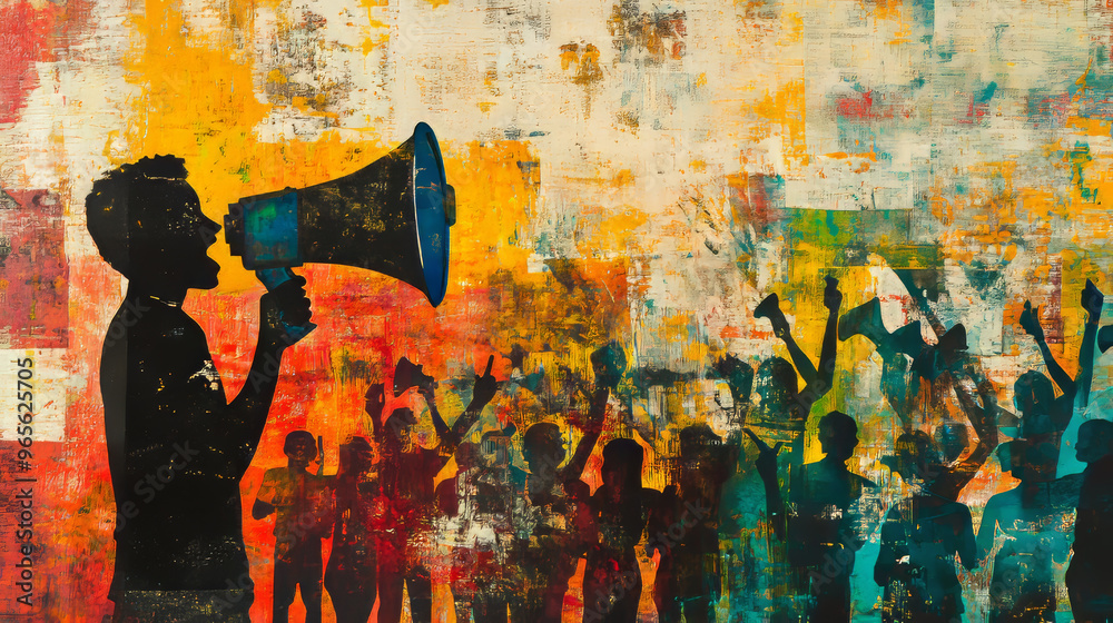 A modern art piece shows a person yelling into a megaphone, with a ...