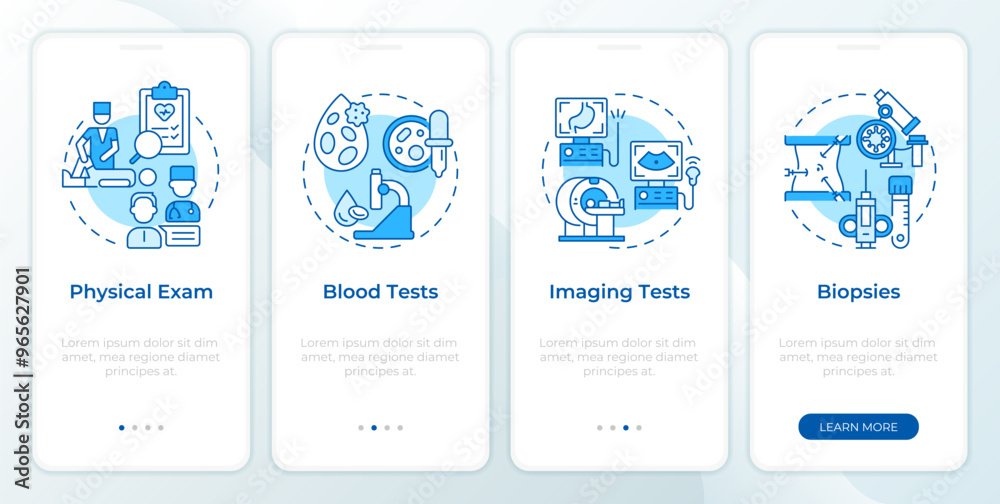 Cancer diagnostics blue onboarding mobile app screen. Walkthrough 4 ...