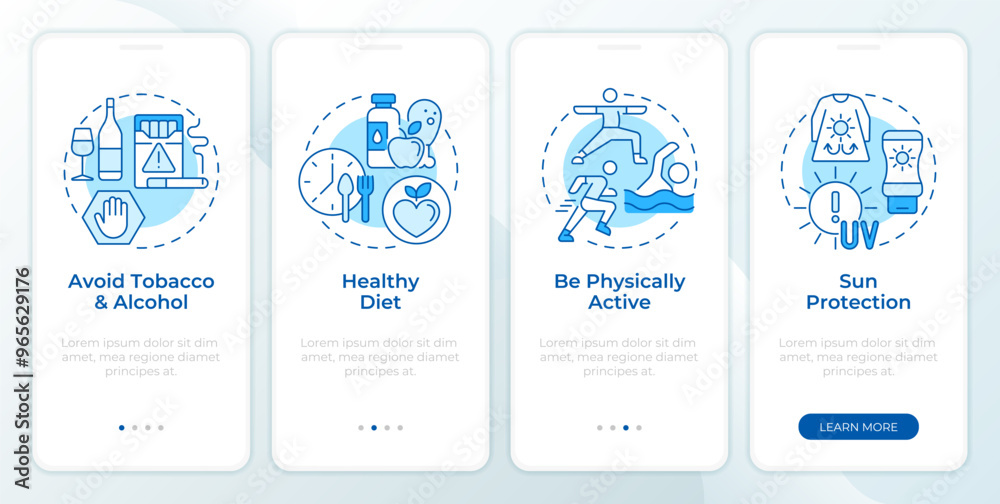 Cancer prevention blue onboarding mobile app screen. Walkthrough 5 ...