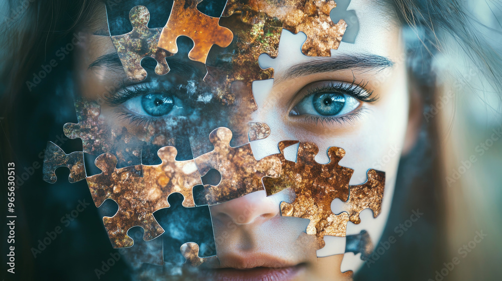 A young woman's face is made of puzzle pieces, showing the complicated ...