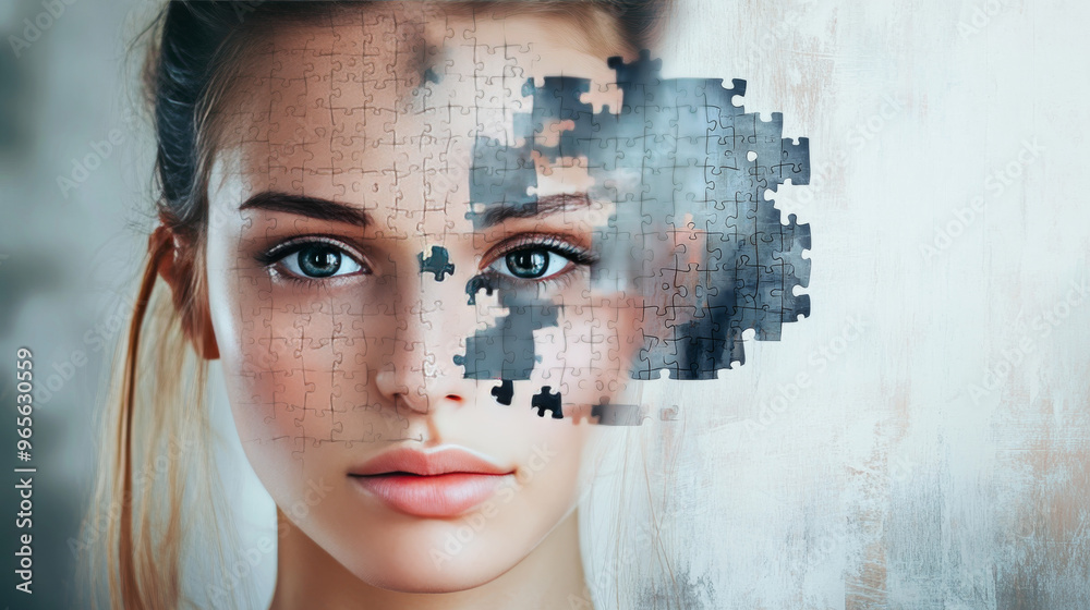 A young woman's face is made of puzzle pieces, showing the complicated ...