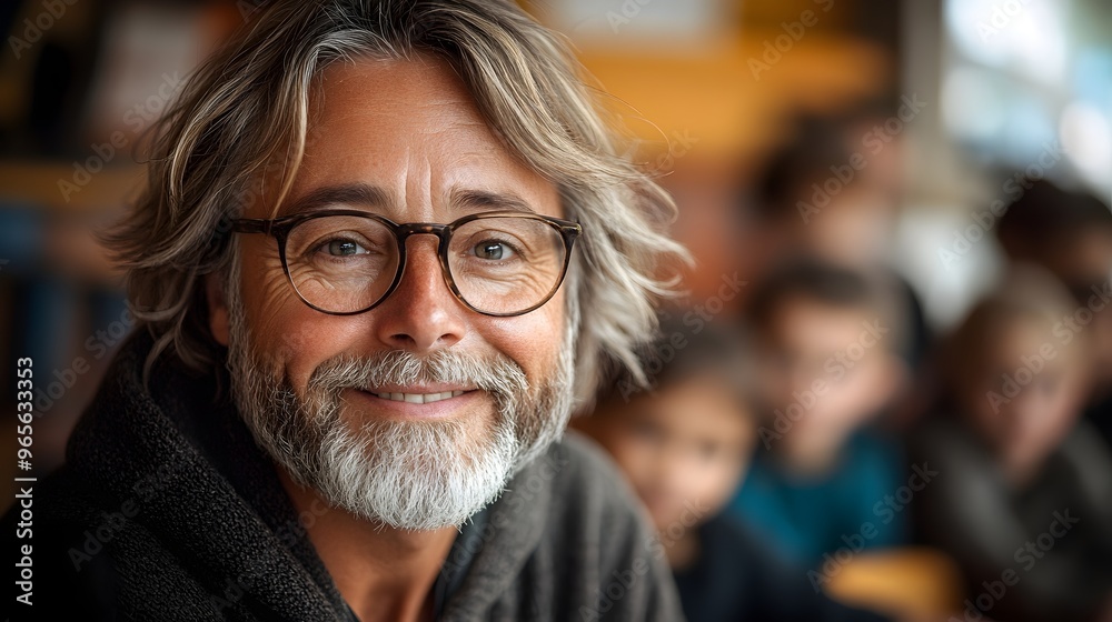 a senior male teacher smiles while educating young kids in a classroom ...