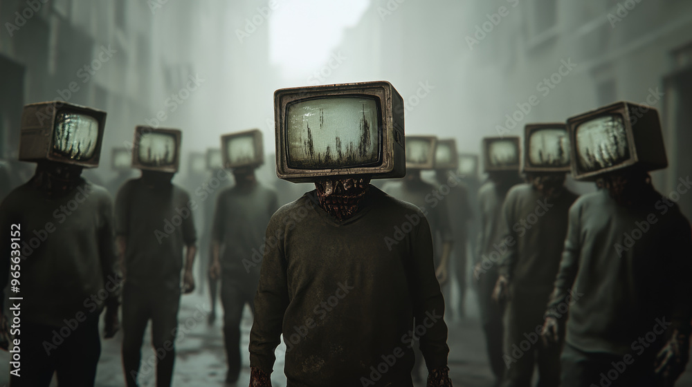 Zombie people with an old tv instead of head. Mass media addiction ...