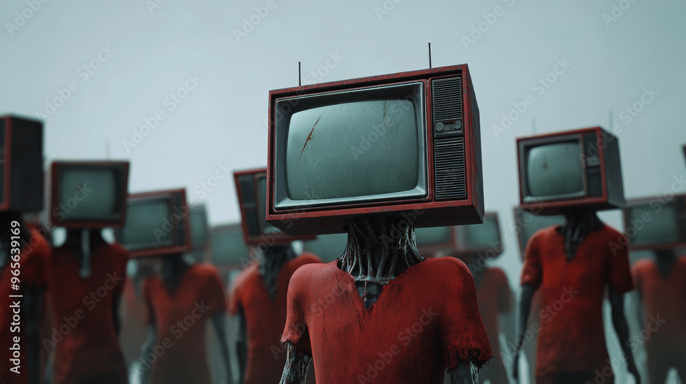 Zombie people with an old tv instead of head. Mass media addiction ...