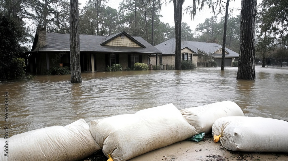 Flood protection sandbags places to safeguard residential homes in the ...