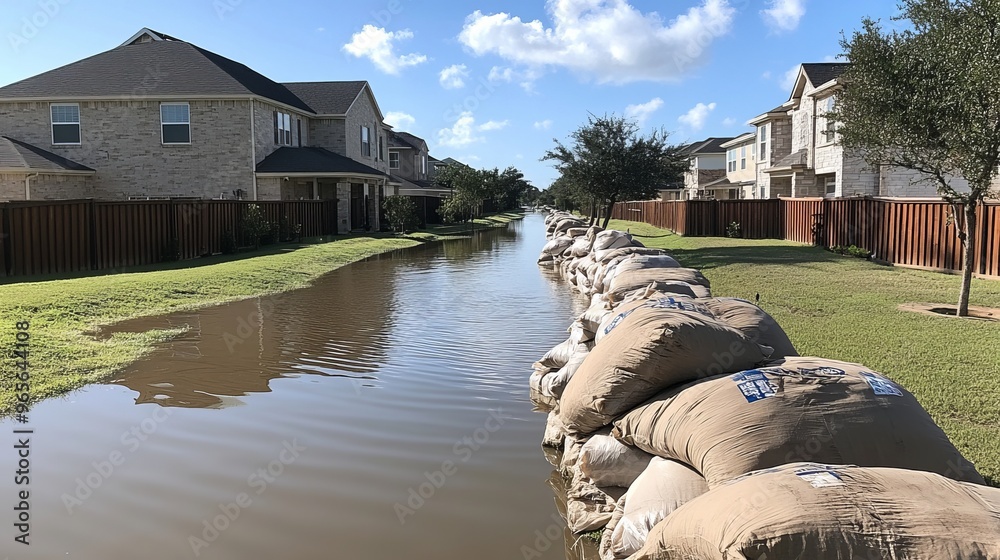 Flood protection sandbags places to safeguard residential homes in the ...