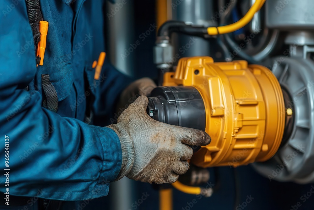 Mechanic repairing the motor of a water pump, fixing the system for ...