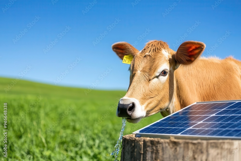 Solar-powered water pump providing water to a livestock trough in a ...