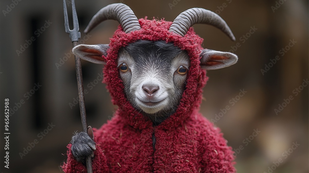 Extreme longest shot of Goat in a devil costume with tiny horns and a ...