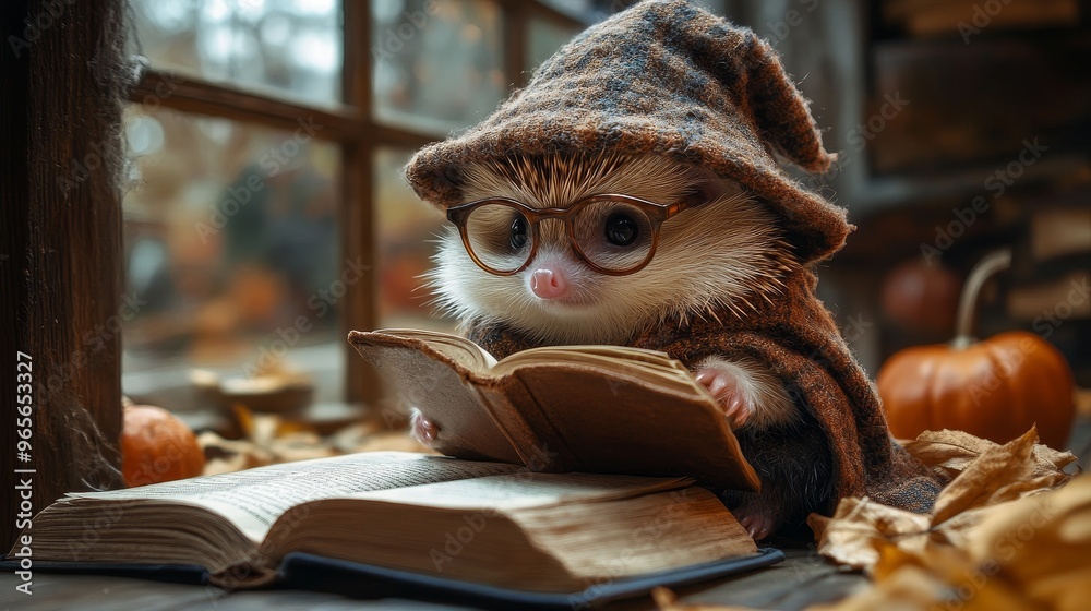 Extreme longest shot of Hedgehog wearing a wizard hat and glasses ...