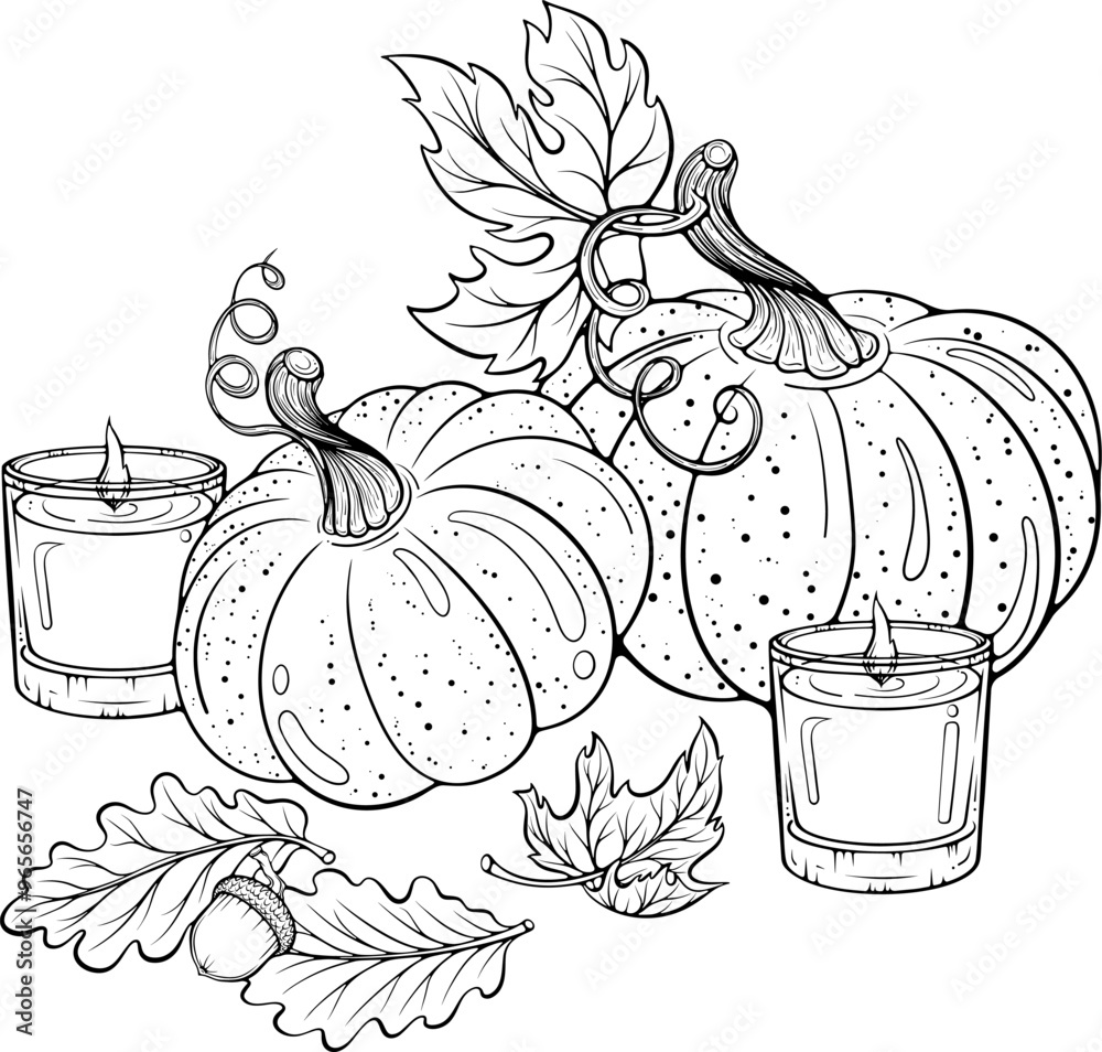 Autumn composition with pumpkins, candles and fallen leaves. Cozy ...