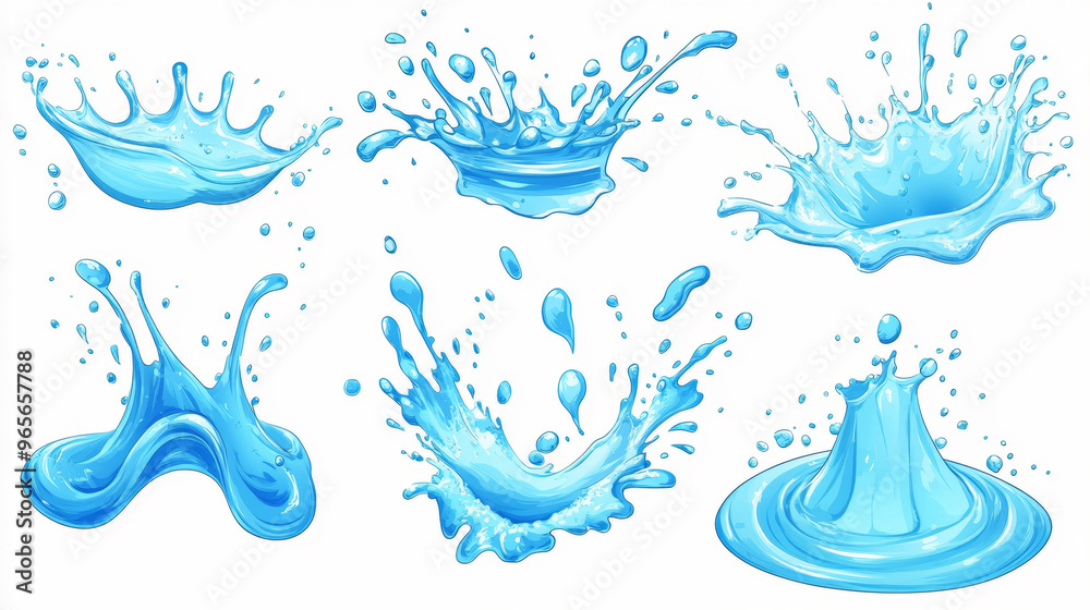 Water splashes and swirls, creating blue waves and drops. This set of ...